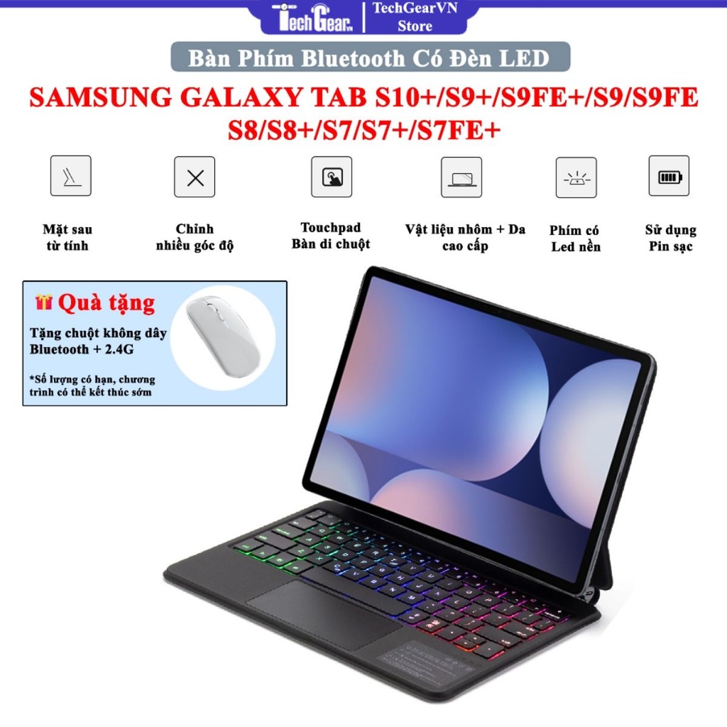 Bàn phím Bluetooth,có đèn led Galaxy Tab S10+/S10Fe/S9/S9+/S9Fe/S8/S7/S9+/S8+/S7+/S7FE/S9 Ultra ...
