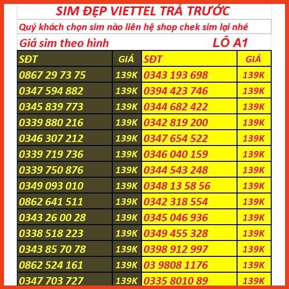 SIM VIETTEL TRẢ TRƯỚC CHƯA KÍCH LÔ A1 ANH THI | Shopee Việt Nam