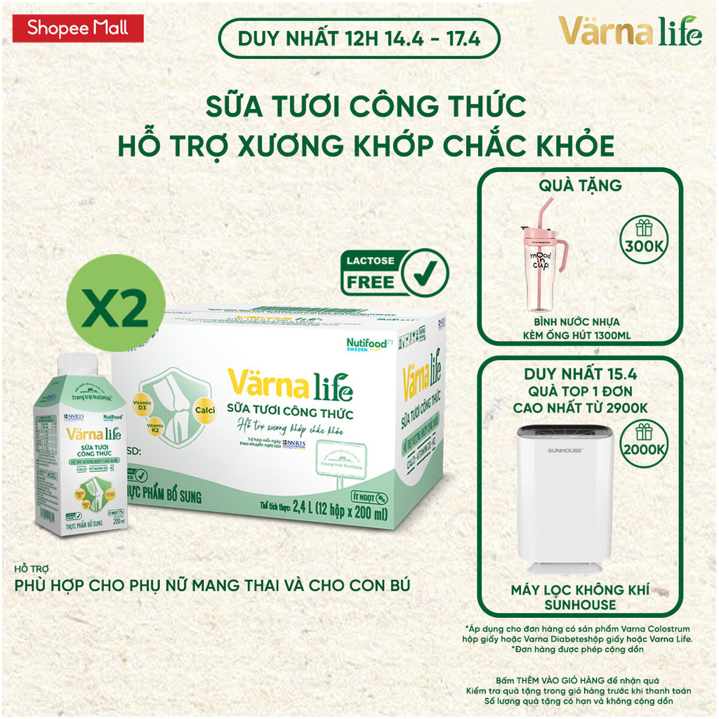 Combo 2 Thùng 12 hộp Varna Life sữa tươi công thức hỗ trợ xương khớp ...