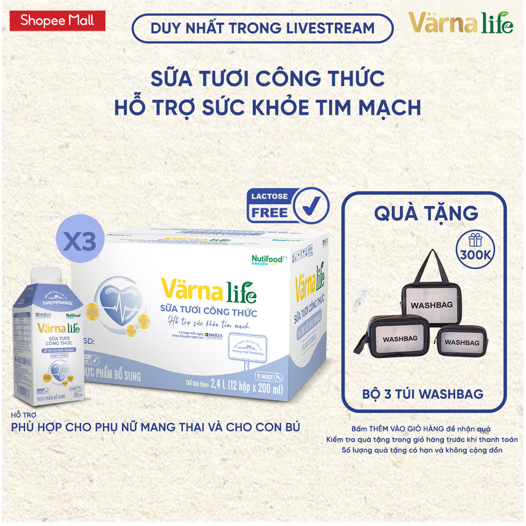 Combo 3 Thùng 12 hộp Varna Life sữa tươi công thức hỗ trợ sức khỏe tim ...