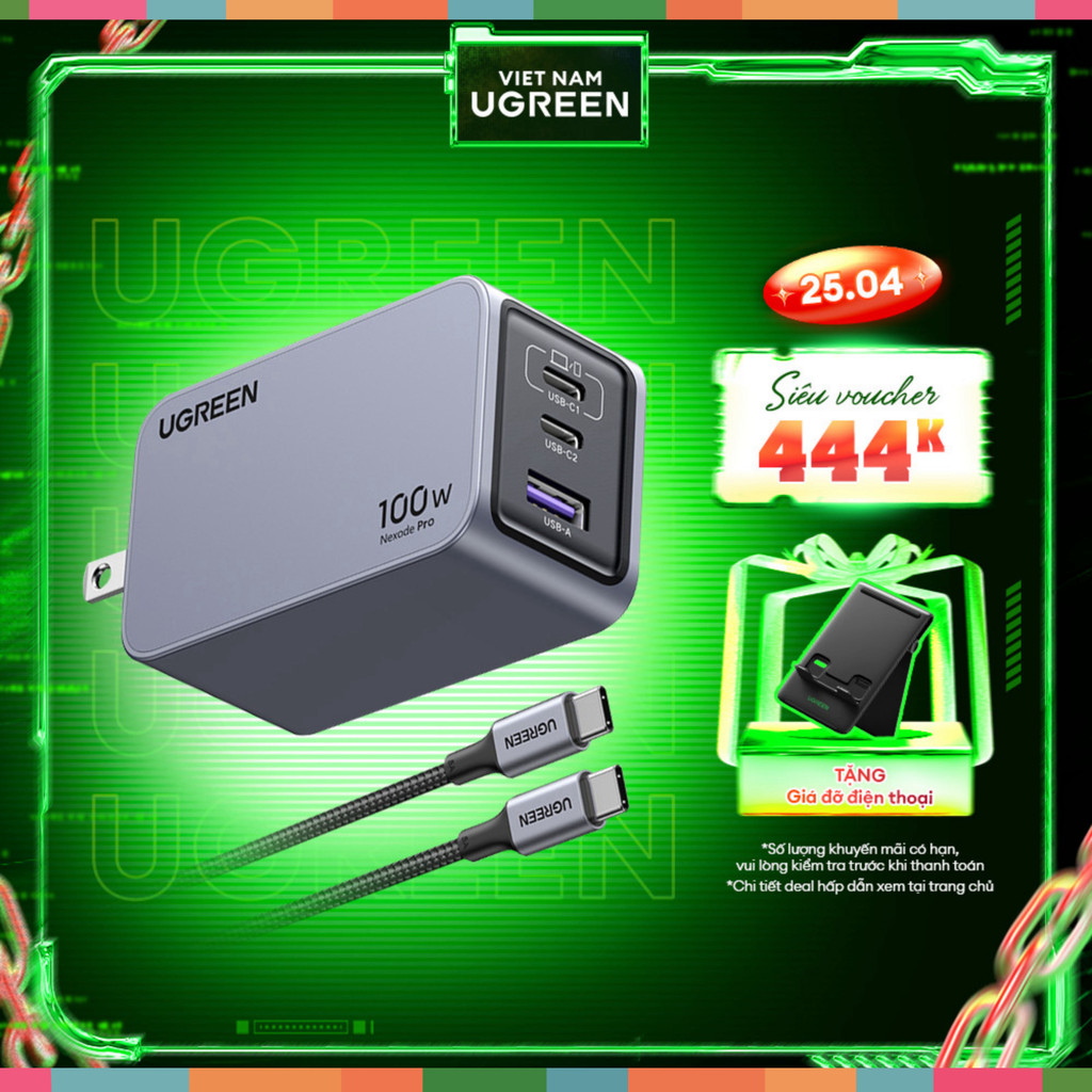 Bộ sạc nhanh UGREEN 100W Nexode GaN Pro X757 | 3 cổng USB C/USB A kèm cáp 1.5m 100W | Bảo hành ...