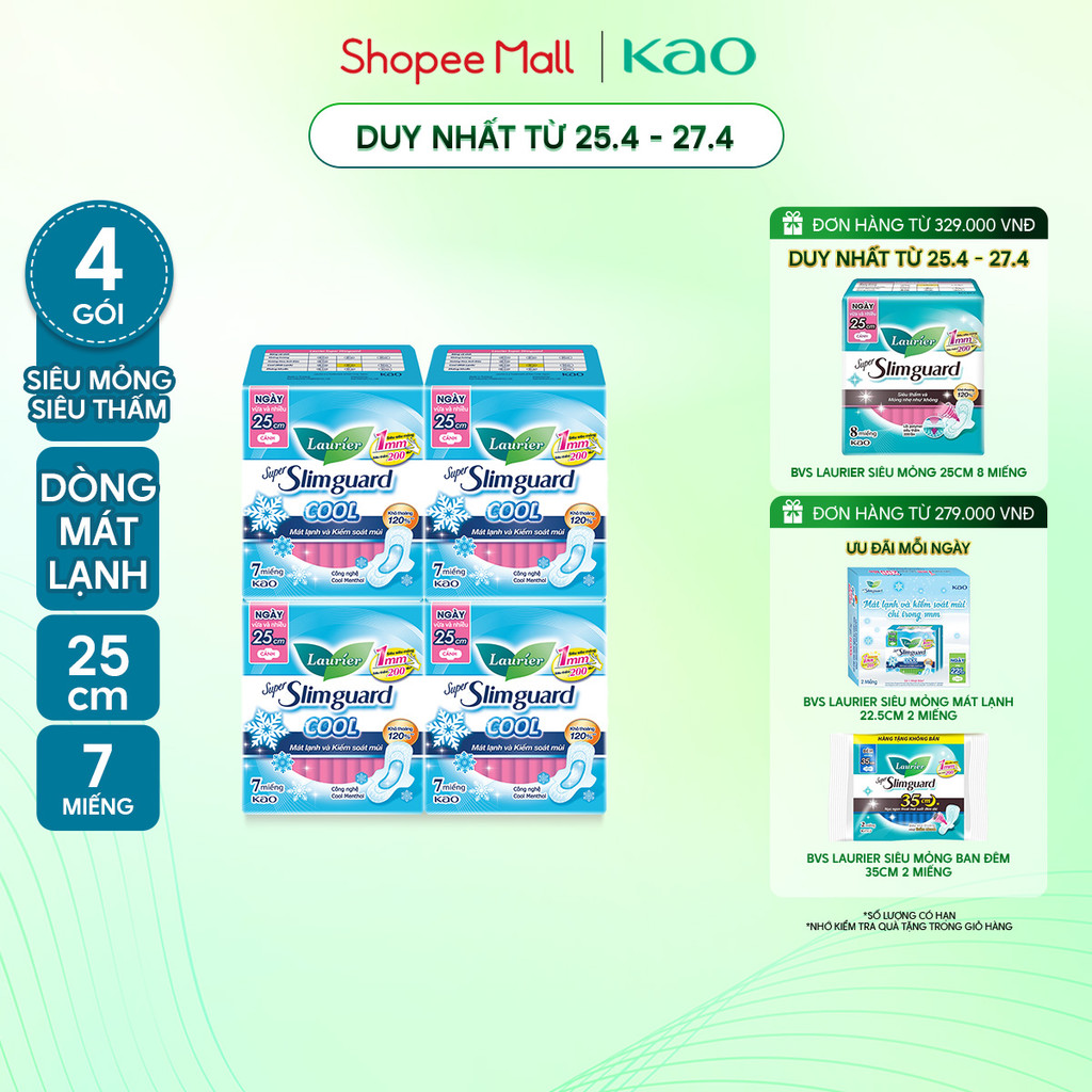 Combo 4 gói BVS Laurier Siêu Mỏng 1mm Mát lạnh 25cm 7 miếng | Shopee ...