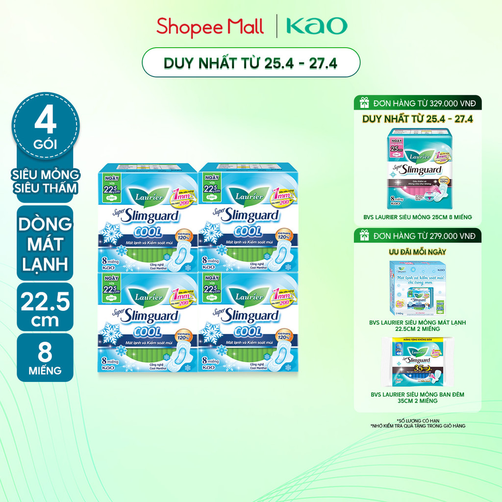 Combo 4 gói BVS Laurier Siêu Mỏng 1mm Mát lạnh 22.5cm 8 miếng | Shopee ...
