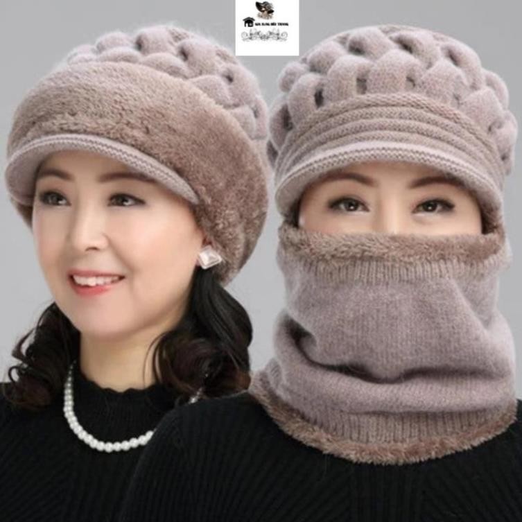 (Mũ Tặng Bà & Mẹ) Mũ Len Trùm Đầu và Cổ Lót Lông Nhung Siêu Ấm Cho Nữ ...