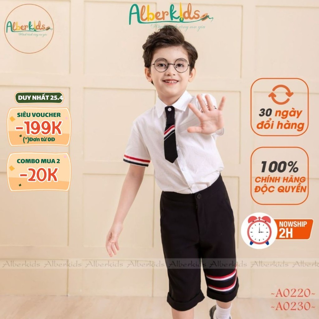 Sét đồ đi học bé trai ALBERKIDS áo phối cà vạt quần lửng phối dây cho trẻ em 4,5,6,7,8,9,10,11 ...
