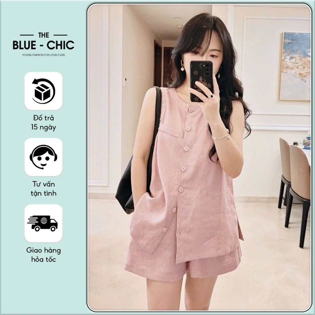 Set linen nữ Kiyoko áo sơ mi ba lỗ cùng quần short cạp chun ống rộng - Blue Chic | Shopee Việt Nam