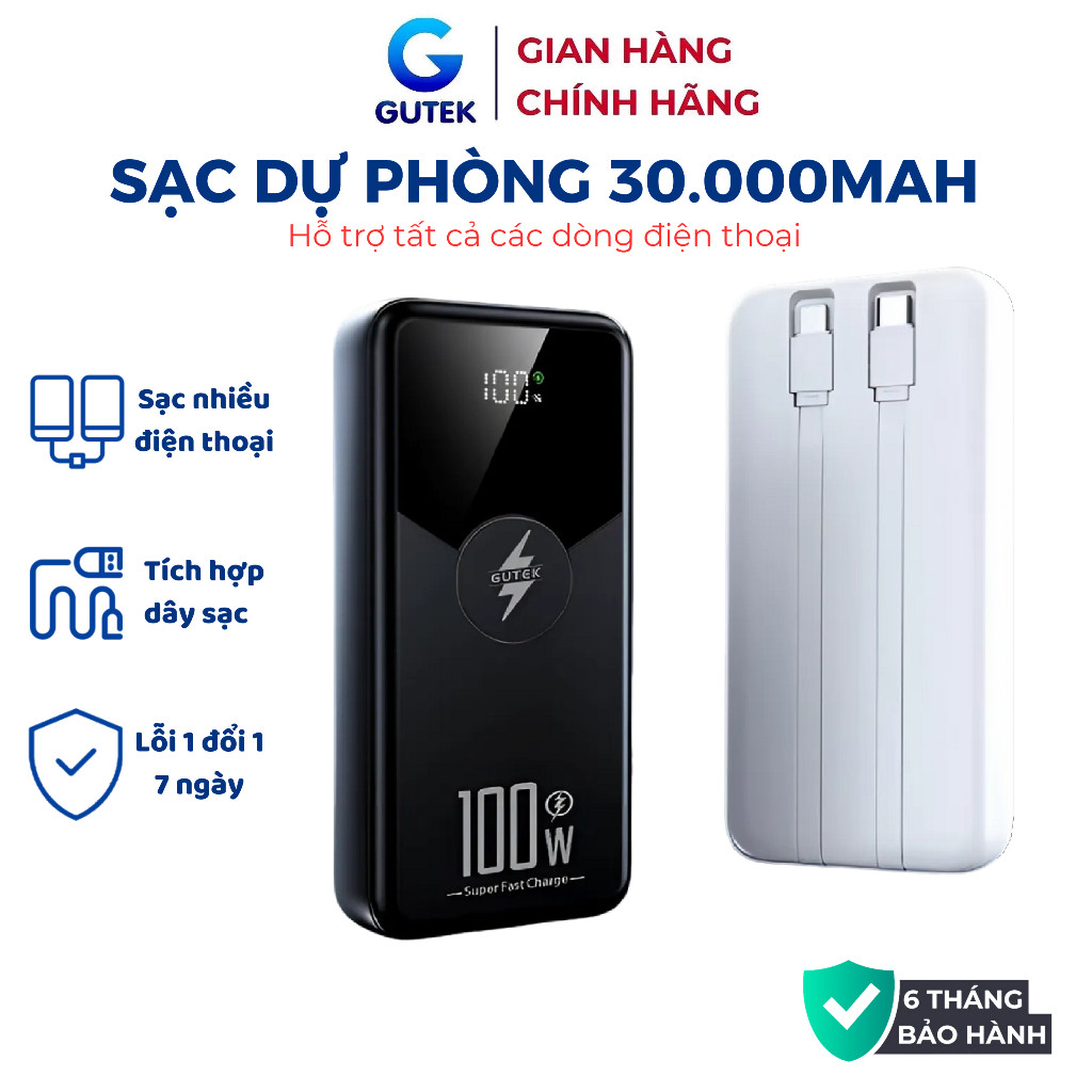 Sạc dự phòng 30000mah Gutek GT229 sạc nhanh 100w pin dung lượng lớn ...