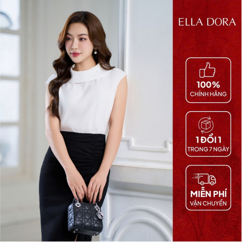 Áo sơ mi nữ tơ tay hến ELLA DORA cổ cách điệu tròn cao cấp màu TRẮNG ...