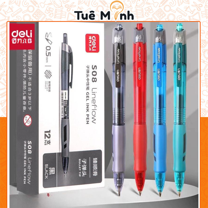 Bút gel thân trong Line Flow S08/S09/S128 bút bi bấm Deli mực đen 0.5mm có đệm tay cao su ...