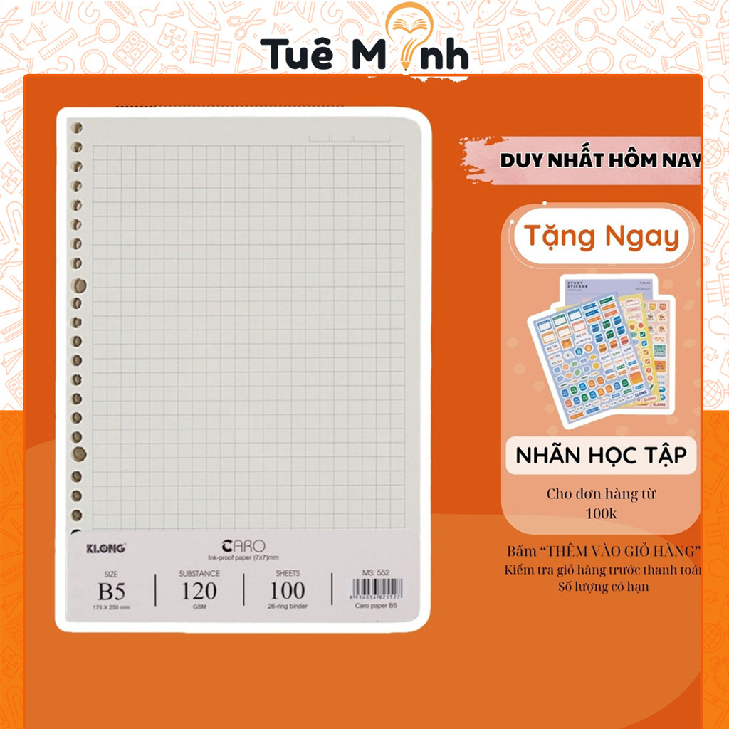 Giấy refill ruột sổ còng B5 Caro 7x7 mm 100 tờ (200 trang) dày 120gsm Klong MS 552 làm binder ...