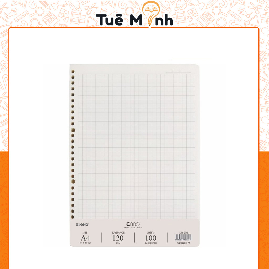 Ruột sổ thay thế còng Caro (7x7)mm KLONG A4 100 tờ 120GSM MS 553 Giấy refill sổ còng ô caro khổ ...
