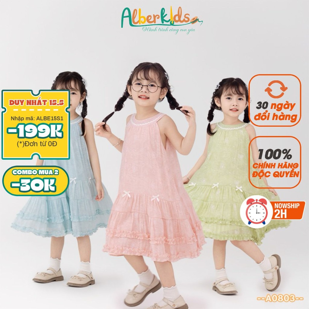 Váy bé gái đi biển ALBERKIDS sát nách đính nơ 3 màu sắc công chúa xinh đẹp cho bé 2-12 tuổi ...