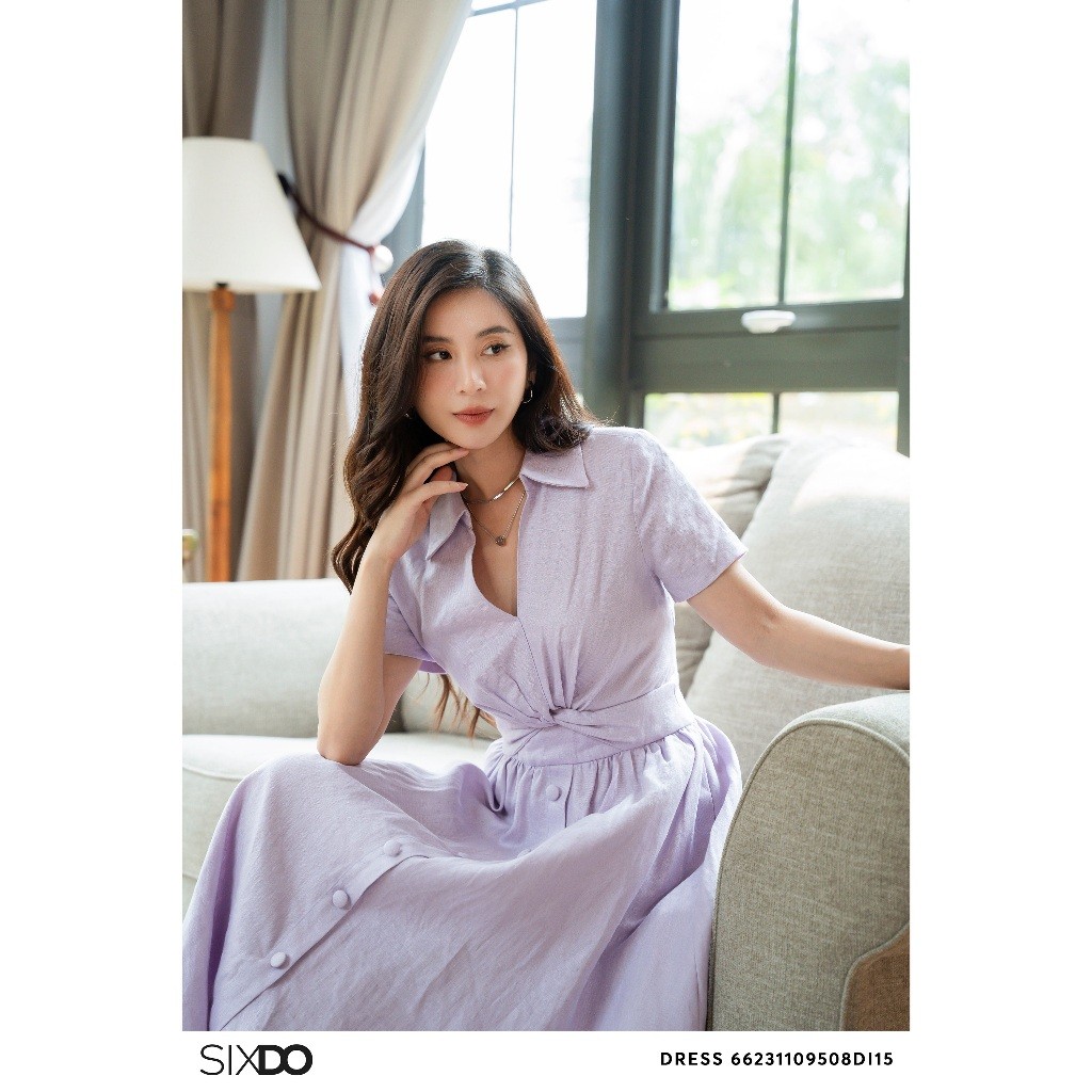 Đầm sơ mi linen tím nhạt ngắn tay SIXDO (Light Purple Linen Midi Dress ...