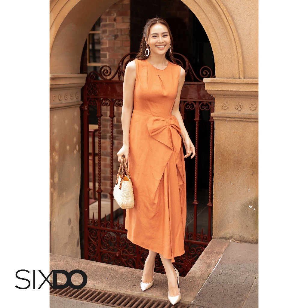 Đầm sát nách nhấn nơ eo SIXDO (Salmon Sleveless Midi Linen Dress ...