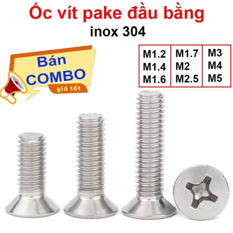Ốc vít pake đầu côn, đầu bằng M1.2, M1.4, M1.6, M2, M2.5, M3, M4, M5 inox 304 dài 3-30mm ...
