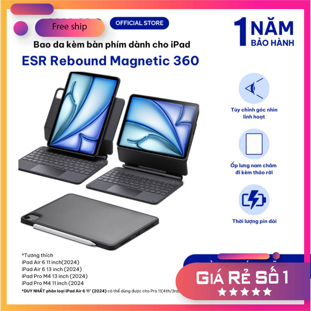 Bao da iPad Air 6/Air 7/Pro 2024 kèm bàn phím ESR Magnetic Rebound 360 ...