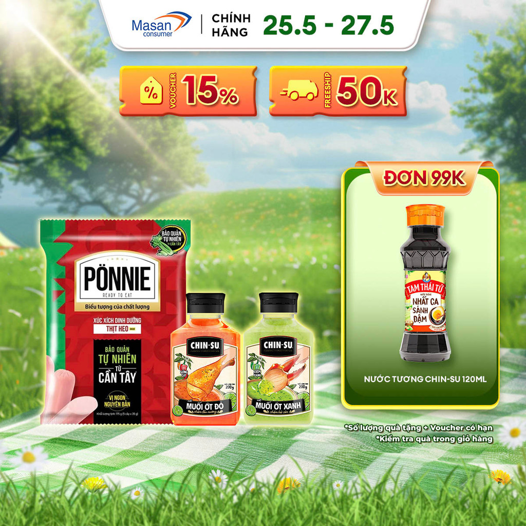 combo 1 gói Xúc Xích Tiệt Trùng Ponnie Vị Heo 5cây x 35gr + 2 chai Xốt muối ớt CHIN-SU 200gr (1 ...