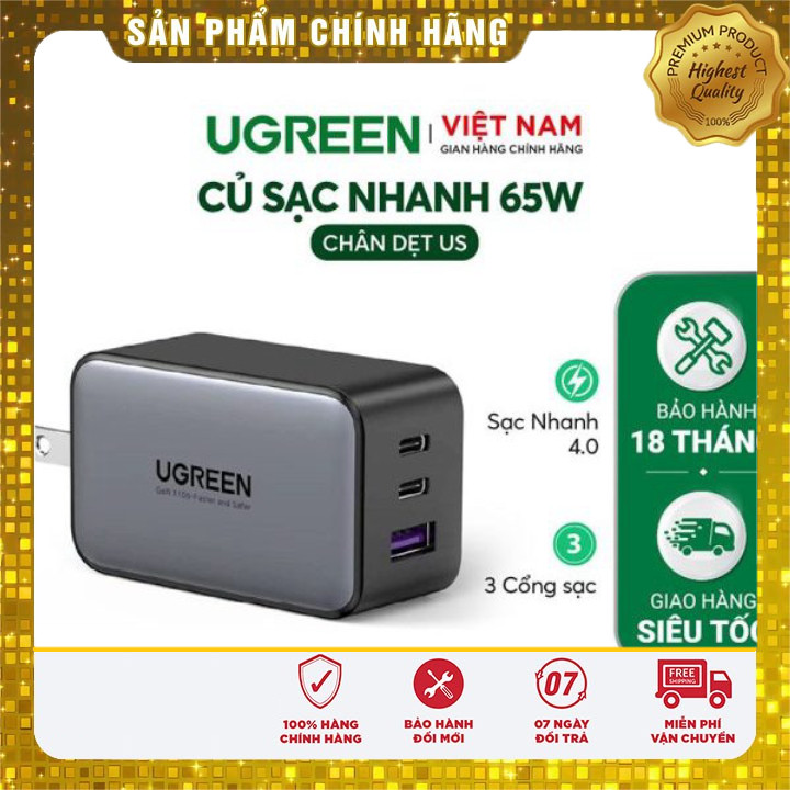 Củ sạc nhanh 65W GaN 3 cổng USB Type-C x2 USB Type-A x1 Hỗ trợ QC4+, PD3.0.. Ugreen 10334 cao ...