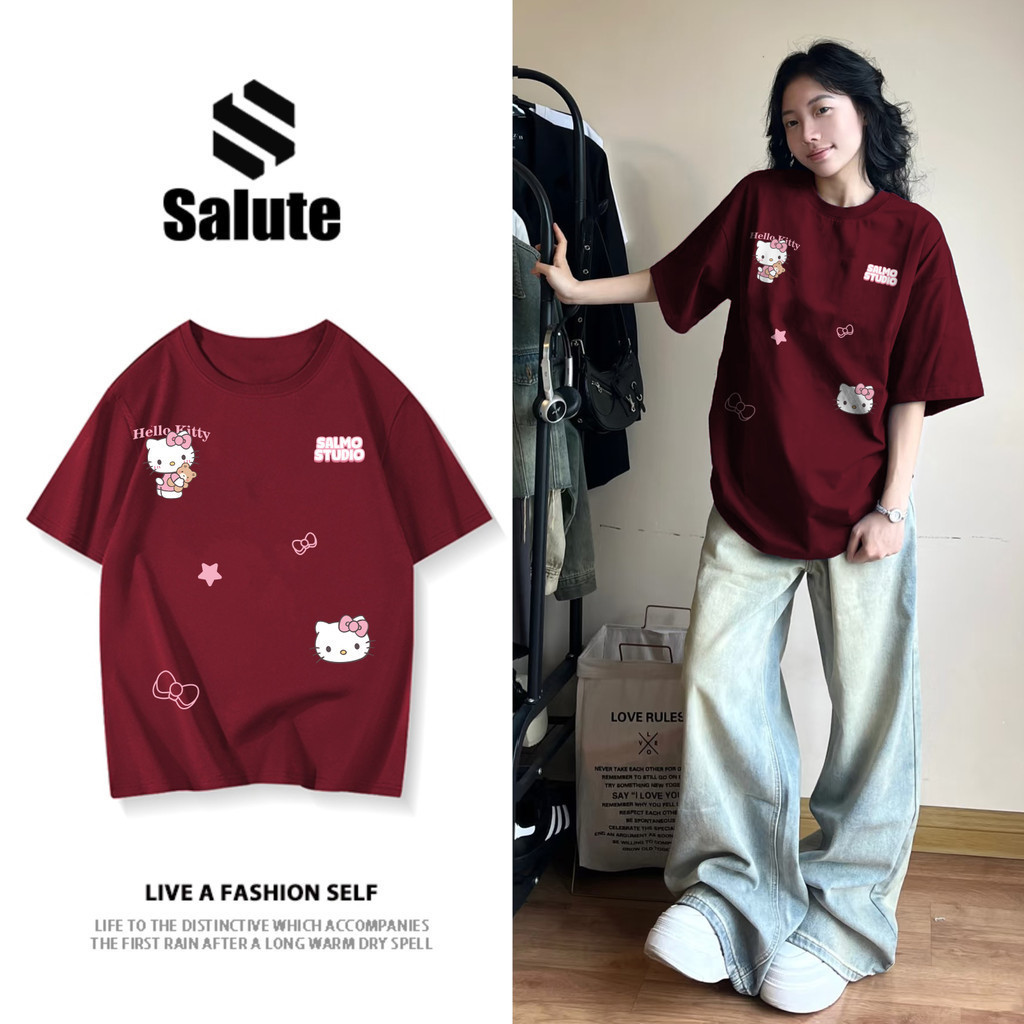 Áo thun tết nữ Đỏ mận form rộng cổ tròn Hello Kitty in hình cute SALUTE ...