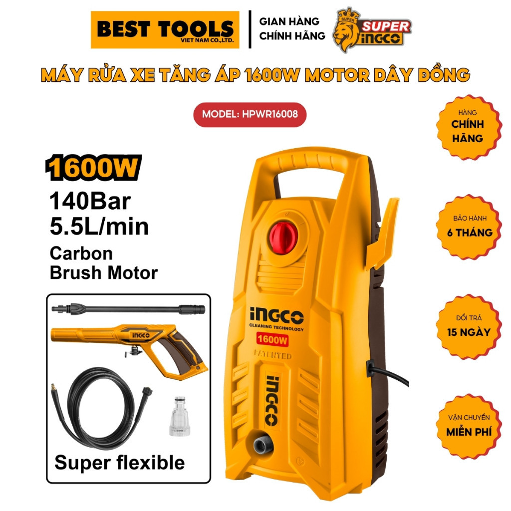 Máy rửa xe tăng áp 1600W motor dây đồng INGCO HPWR16008 | Shopee Việt Nam