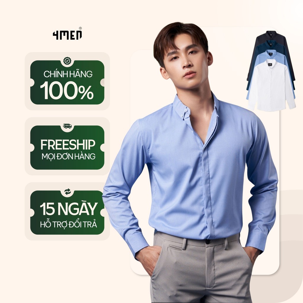 Áo sơ mi nam dài tay trơn giấu nút 4MEN SM113 vải cao cấp đẹp mềm mịn, co giãn, form slimfit màu ...