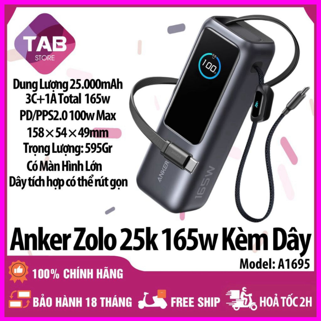```Pin Sạc Dự Phòng Anker Zolo 25000mAh 165W Có Cáp Kéo Gọn A1695 - Bảo Hành 18 Tháng ...