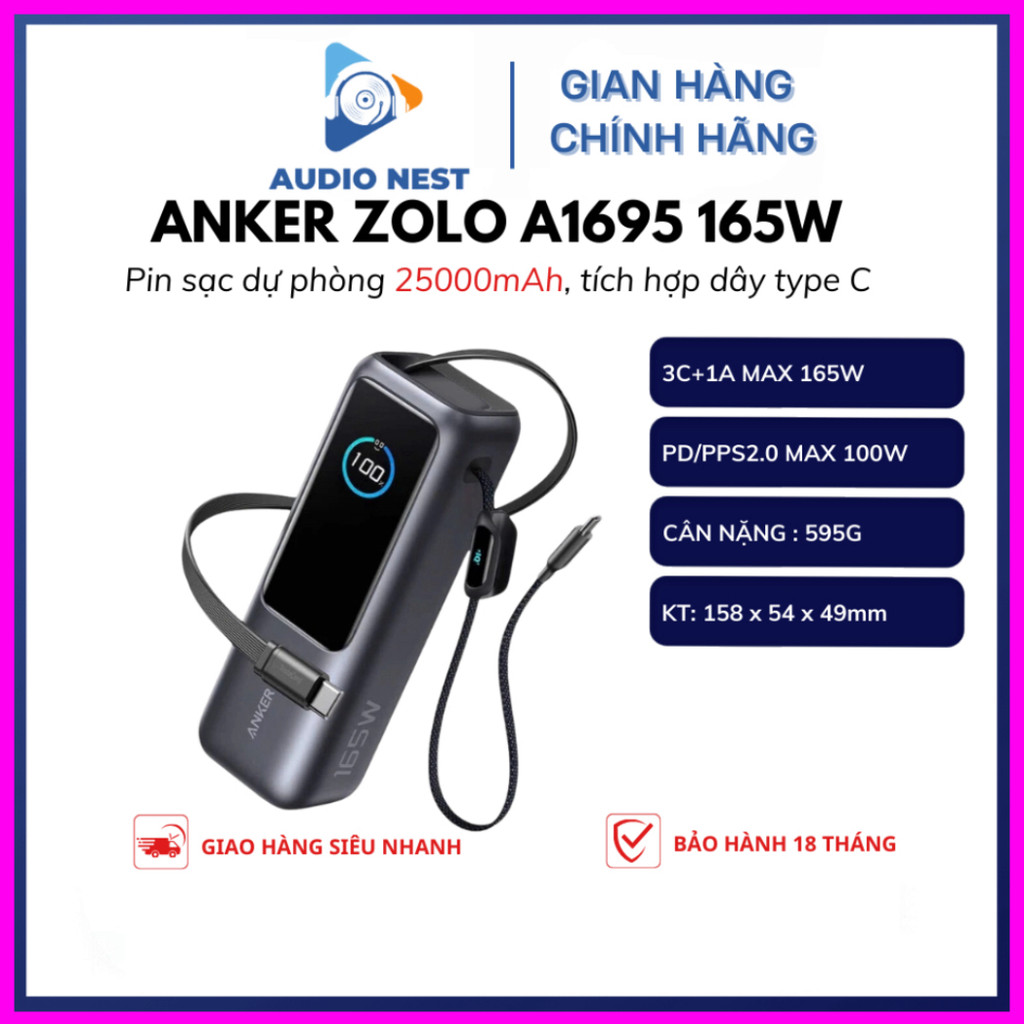 Sạc Dự Phòng Anker Zolo 25000mAh 165W với Cáp Rút Gọn A1695 - Bảo Hành 18 Tháng, Hiệu Suất Tuyệt ...