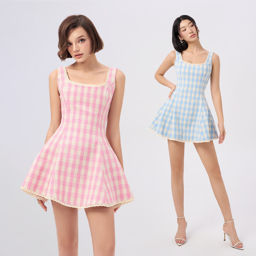 RECHIC Đầm ngắn Elida cổ vuông dáng xòe họa tiết caro xinh xắn trẻ ...