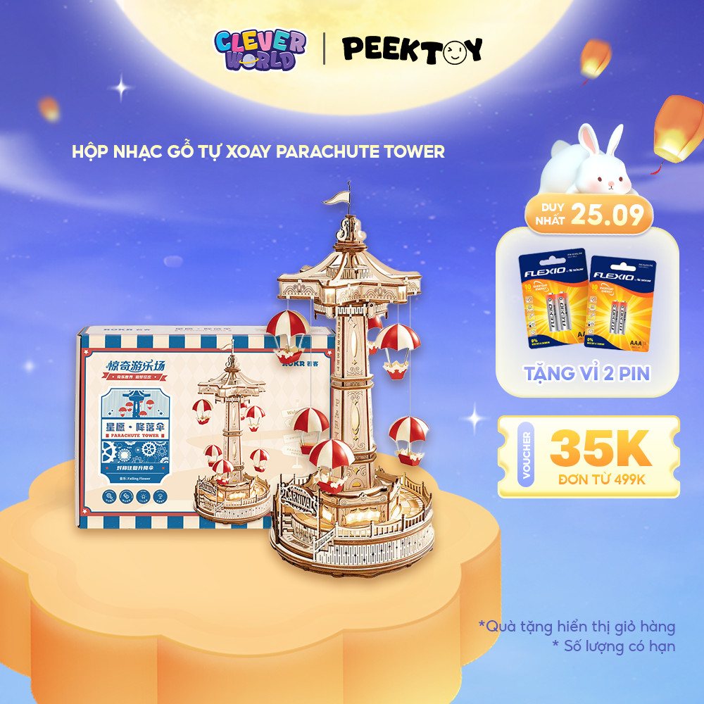 Hộp nhạc gỗ lắp ráp, hộp nhạc tự xoay Robotime Rork tháp dù Parachute ...