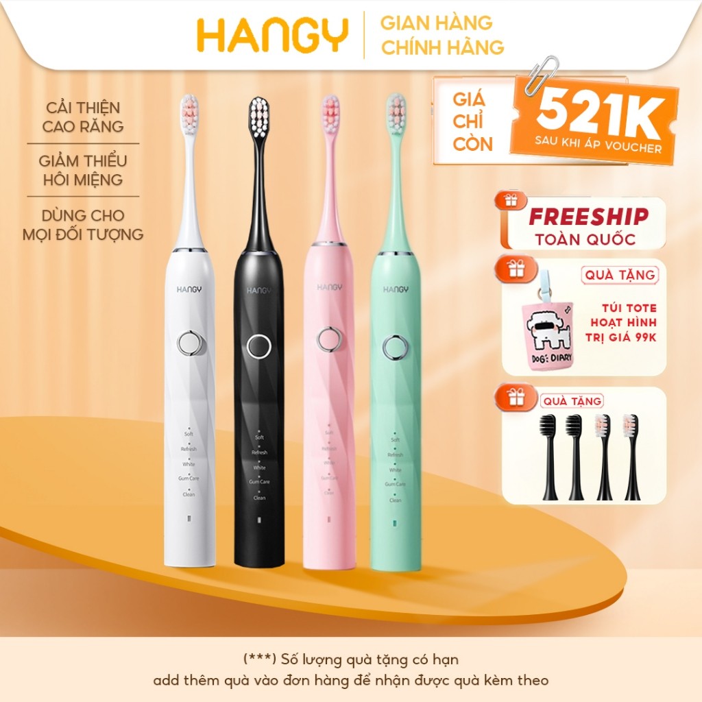 Combo 2 Bàn chải điện HANGY HY23 PRO siêu sóng âm thông minh chải sạch ...