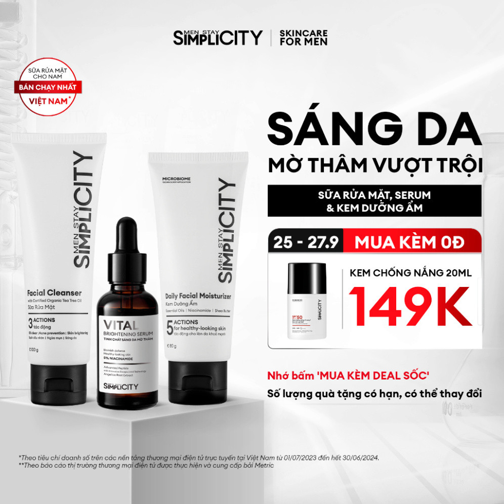 Combo sáng da mờ thâm vượt trội cho nam sữa rửa mặt, serum Vital, kem ...