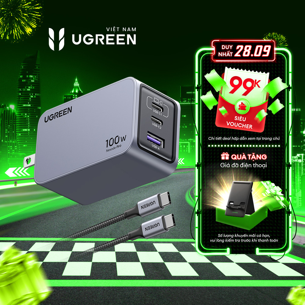 Bộ sạc nhanh UGREEN 100W Nexode GaN Pro X757 | 3 cổng sạc USB C/USB A | Kèm cáp sạc nhanh Type-C ...