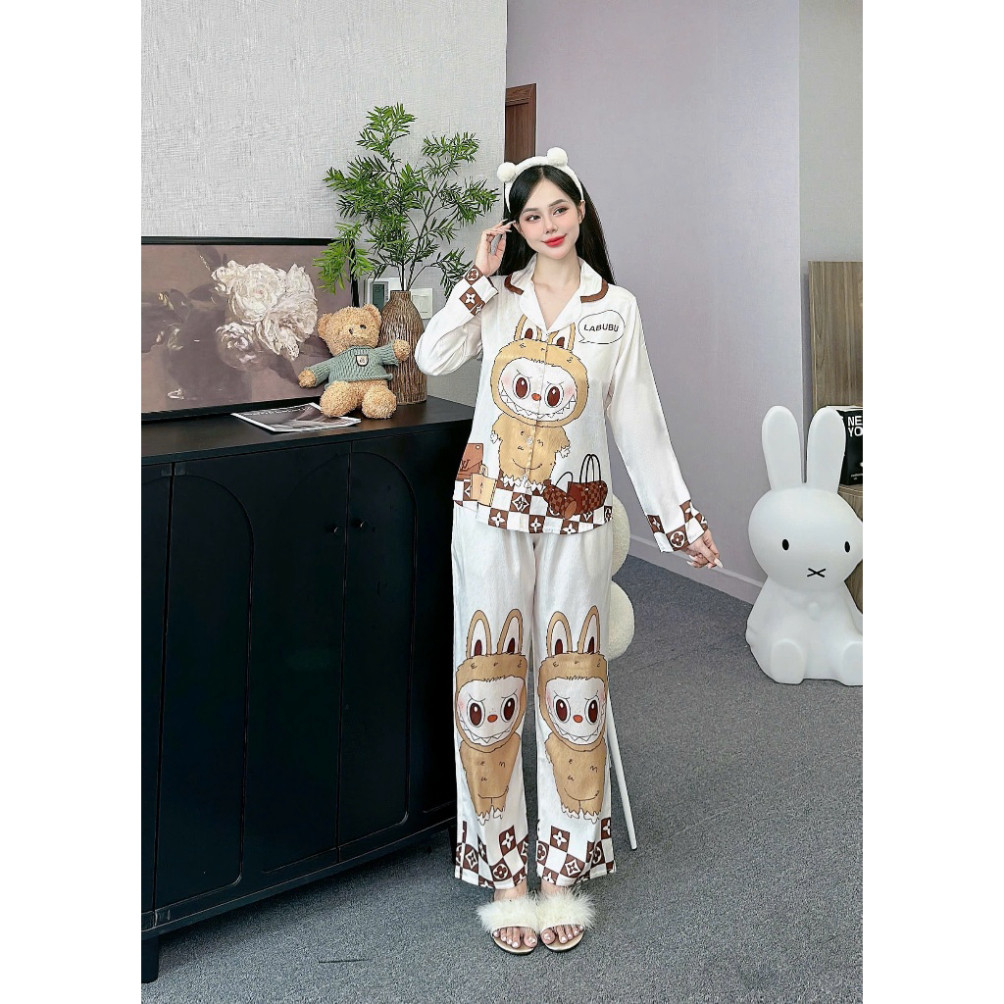 Đồ bộ nữ ANH MỸ LABUBU pijama chất liệu lụa xước ánh kim cao cấp thoáng ...