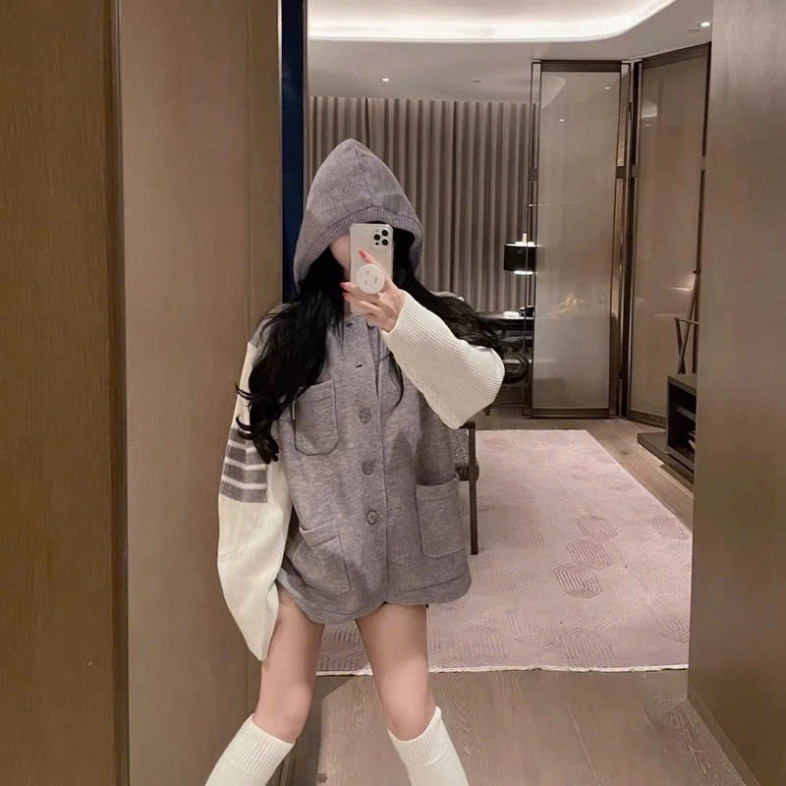 Áo Khoác Len Thom Ghi Phối Tay Trắng, Mũ Dày Dặn, From Rộng Dành Cho ...