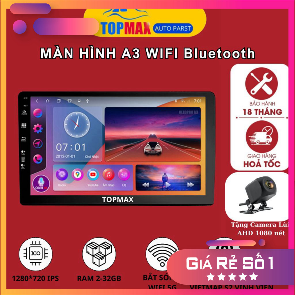 Màn Android xe con 9 inch A3 wifi quạt tỏa nhiệt, Ram 2G Rom 32G tương trợ map Navitheo, Vietmap ...