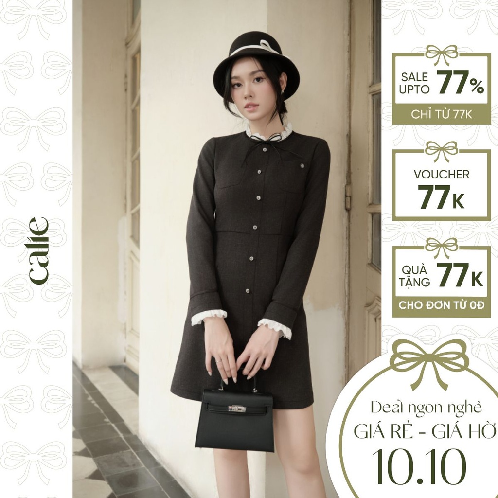 Đầm liền dáng A phối ren đính nơ thương hiệu Calie house VA444 | Shopee ...