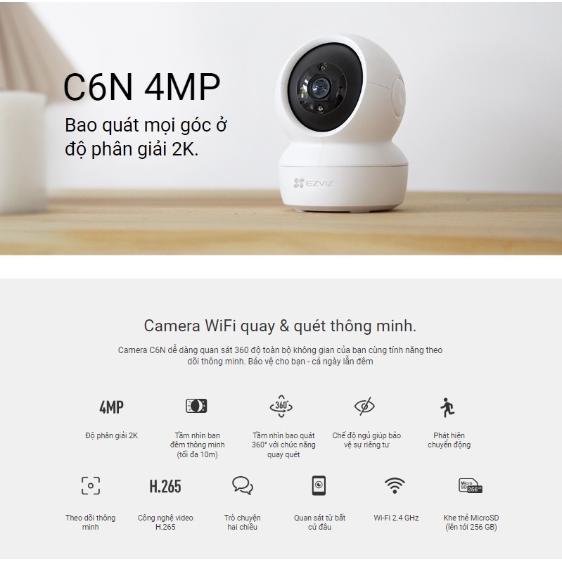 Camera wifi Ezviz trong nhà, đàm thoại, xoay 360, C6N H6c PRO MÀU ĐÊM ...