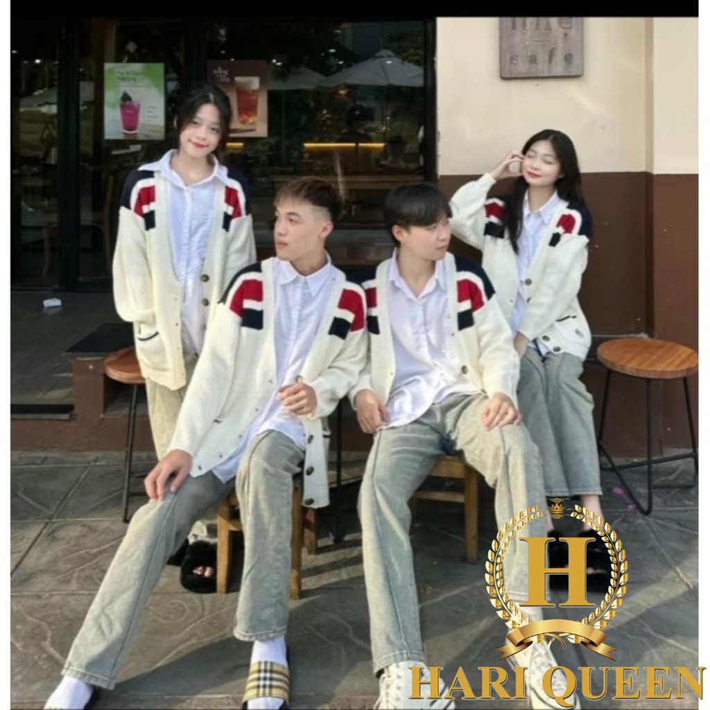 Áo cadigan nam nữ trắng phối viền vai đen đỏ in túi RU chất nỉ cottong form rộng đẹp 2024 ...