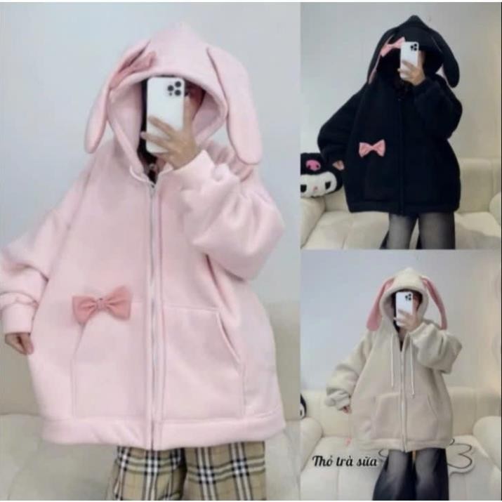 HU Áo Khoác Nỉ Hoodie zip Tai Thỏ Hồng . chất nỉ COTTON form rộng ...