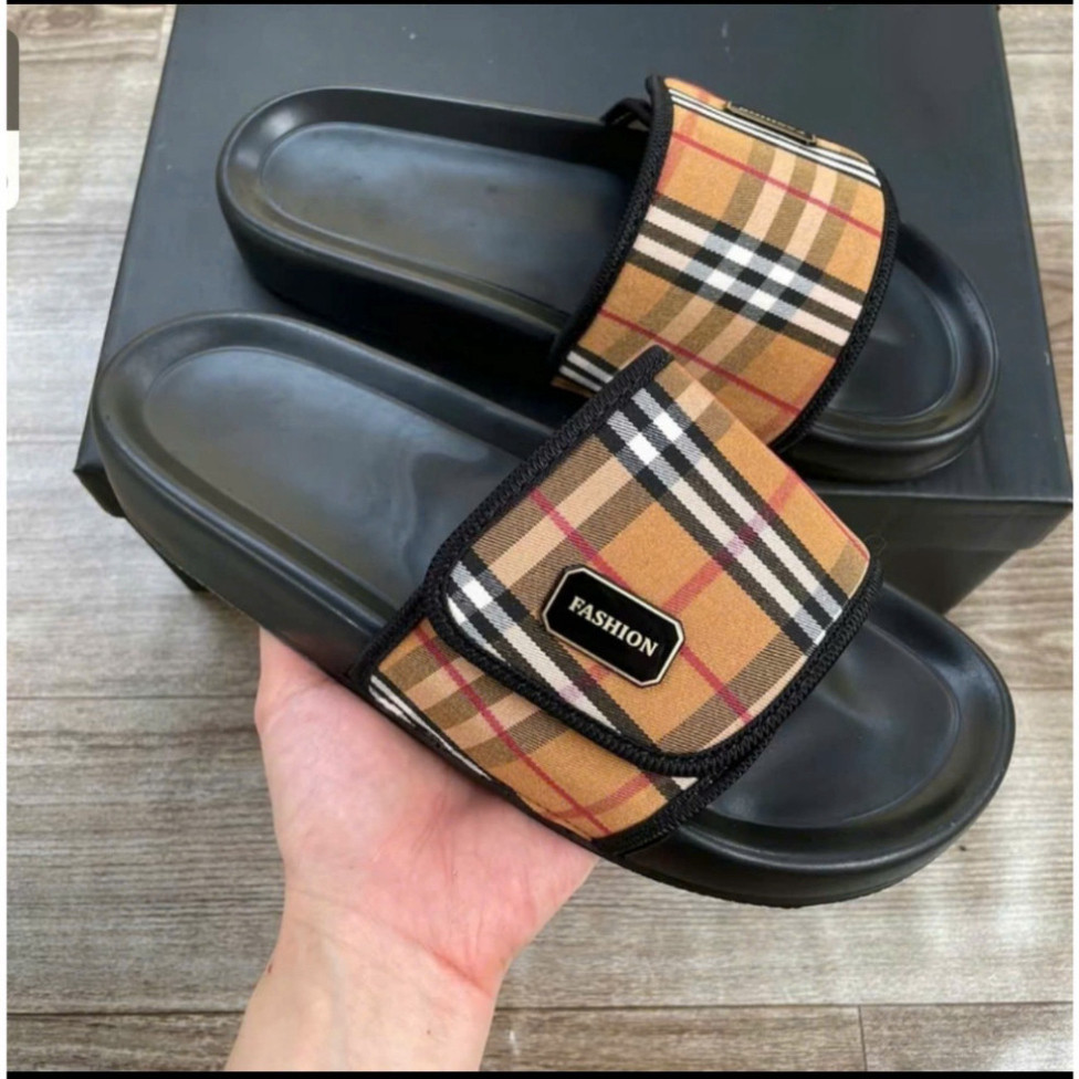 Dép BBR quai ngang sẵn 3 màu đen xám, nâu vàng kẻ caro nam nữ quai khâu ...