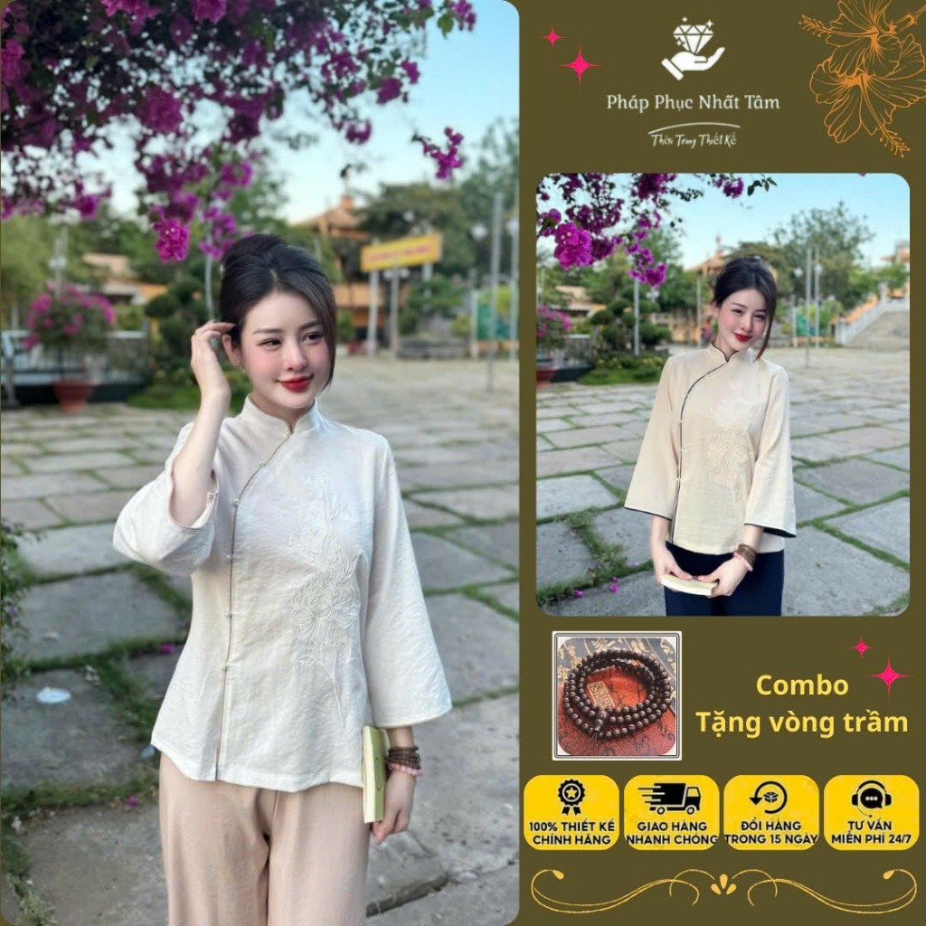 Ms06 Pháp phục lễ chùa, đồ lam đi chùa nữ thêu hoa vải đũi cổ 2 phân.ĐŨI LÉ | Shopee Việt Nam