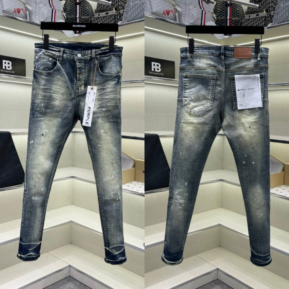 Quần jean bò nam Purple skinny wash xanh bụi trơn vảy sơn dập nhăn ...