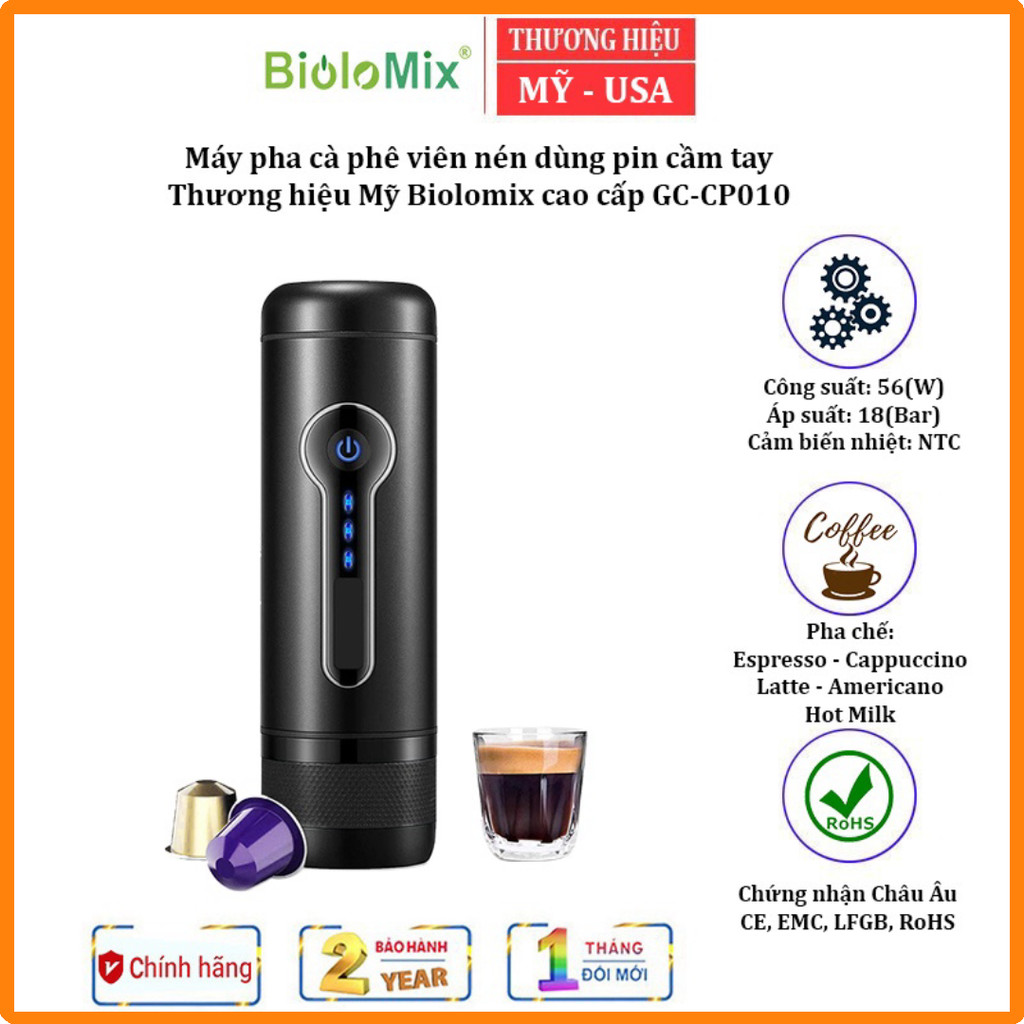 Máy pha cà phê viên nén Mini Espresso Thương hiệu Biolomix dùng pin cầm tay GC-CP010 - Bh 12 ...