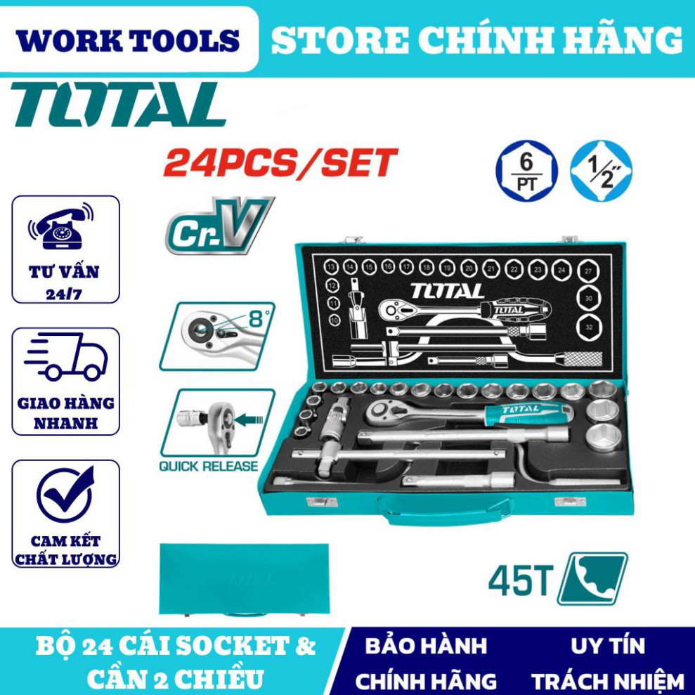 ĐỒ NGHỀ TOTAL Bộ 24 cái socket (1/2 inch) & cần 2 chiều THT141253 ...
