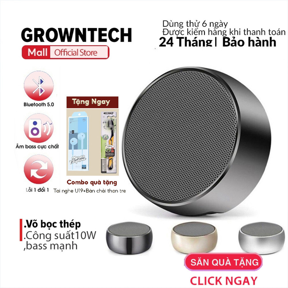 Loa bluetooth mini Growntech BS01, vỏ thép mini bass mạnh hỗ trợ AUX ...