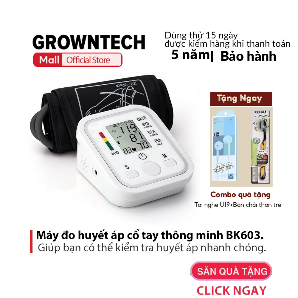 [THU THẬP MÃ GO13- 10%] Máy đo huyết áp cổ tay GrownTech BK603 màn hình LCD kỹ thuật số có tiếng ...