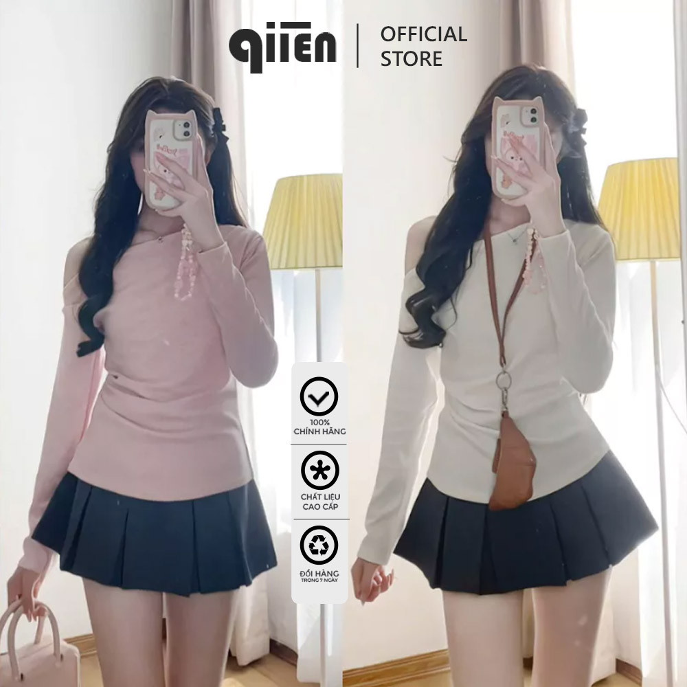 Áo Thun Qiien Áo Thun Lệch Vai Dài Tay Chất Len Tăm Dày, Nhún Eo Siêu Xinh Q856 | Shopee Việt Nam