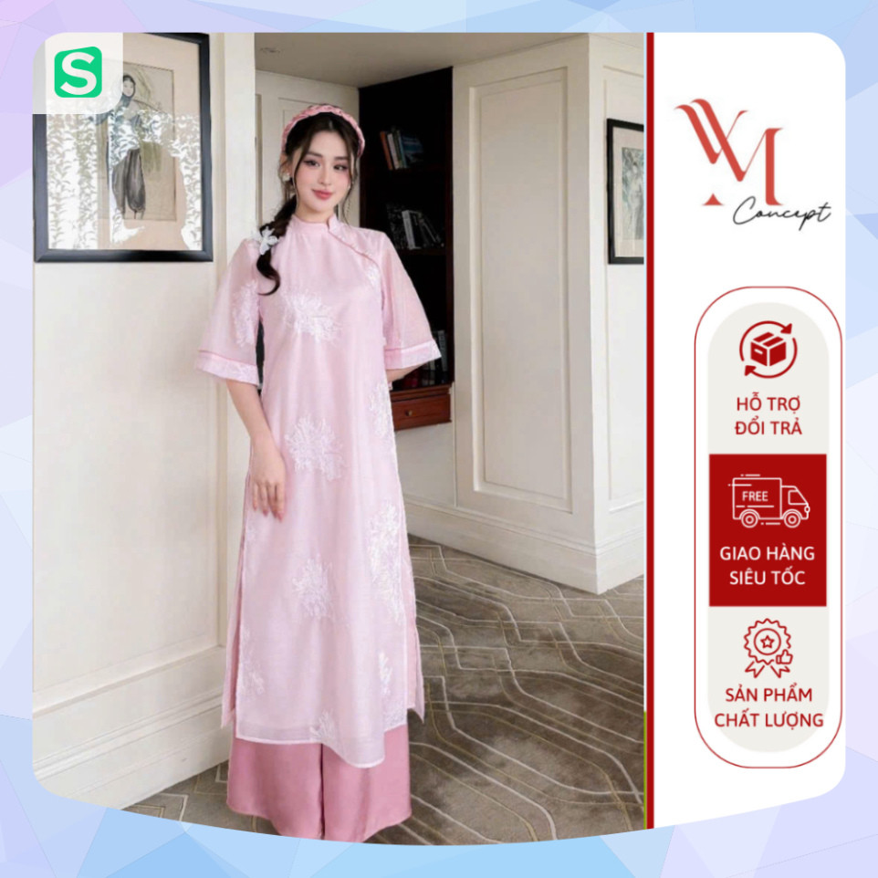 Xả YM Concept Sét Áo Dài Truyền Thống Cách Tân Tơ San Hô Bọc Viền Cổ Đính Ngọc Tay Loe Và Quần ...