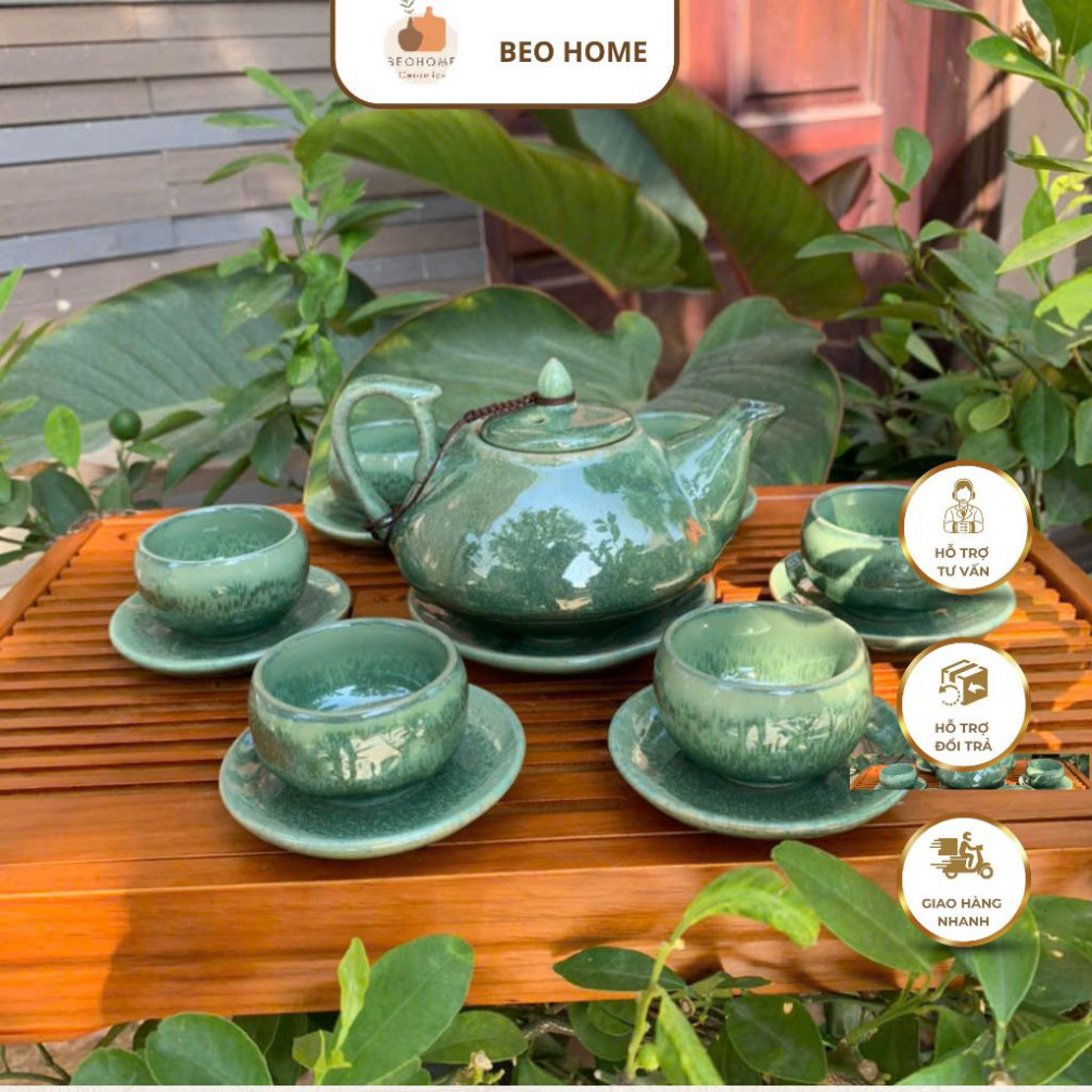 Bộ Ấm Chén Uống Trà Men Hoả Biến Xanh Thiên Thanh Dáng Thiên Nga 300ml Gốm Sứ Bát Tràng Cao Cấp ...