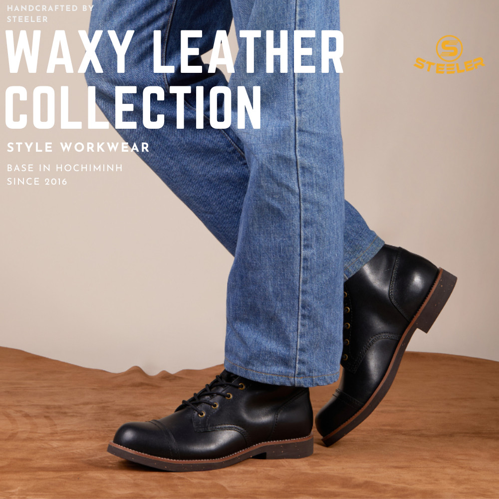 Giày Boots Cổ Cao Nam Captain Da Bò Đen Trơn Bóng Đế Khâu Mckay - Work ...